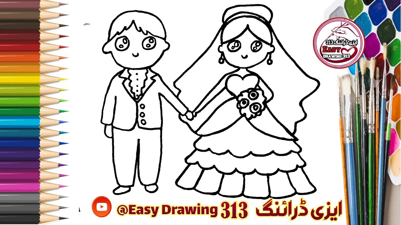how to draw bride and groom for kids|bride and groom drawing easy with ...