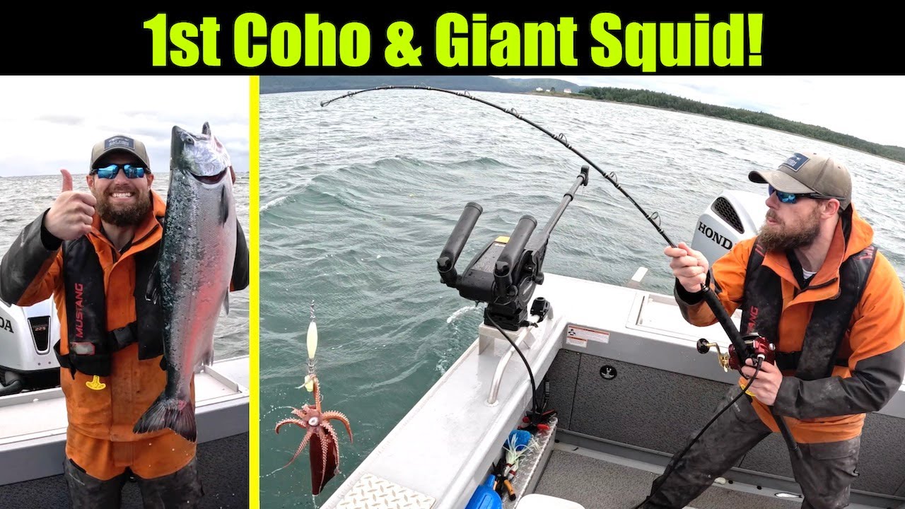 1st Coho of the Season and Giant Squid! Alaskan Coho Salmon Fishing ...