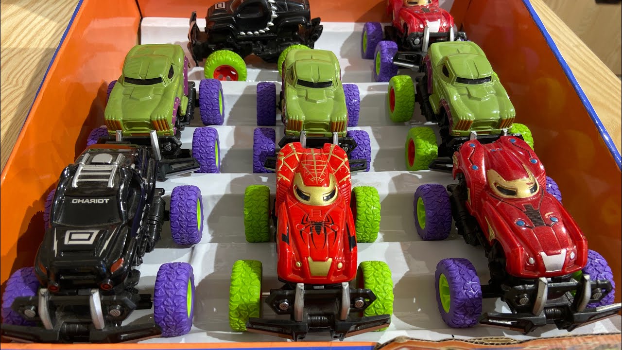 Box Full Of Superhero Cars Spiderman, Captain America, Iron man, black ...