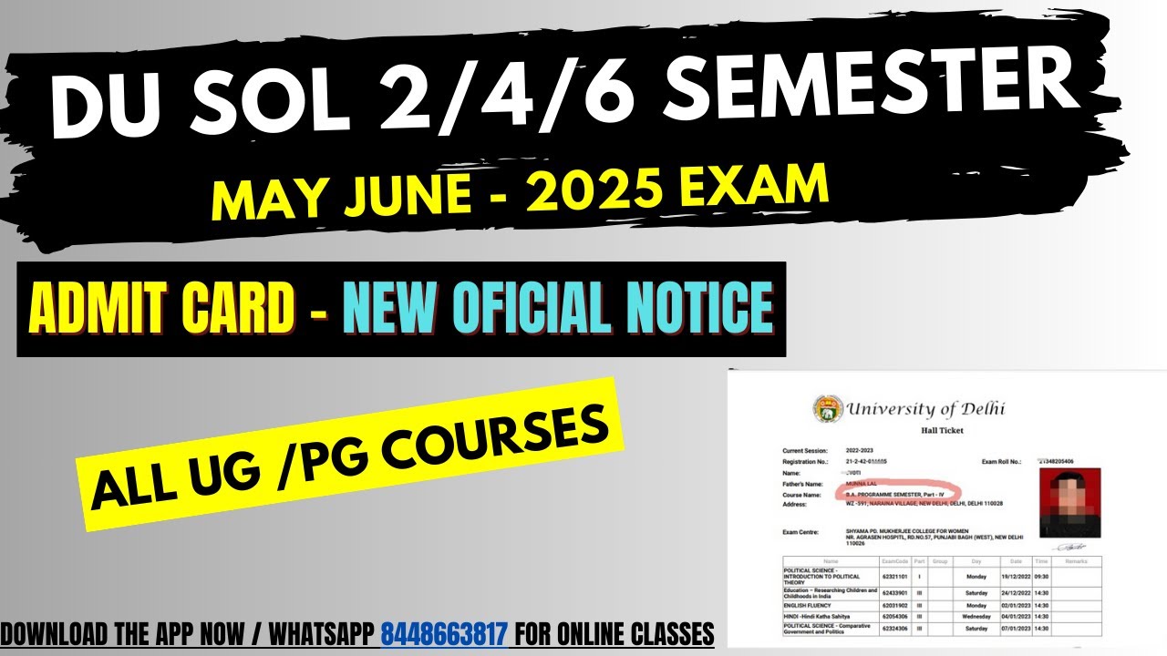 DU SOL 2/4/6 Semester Admit card NEW NOTICE 2025 | SOL Hall Ticket 2/4 ...