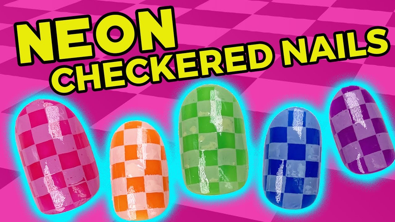 Neon Checkered Nails 90s Inspired Nail Art - Maniology LIVE! - YouTube