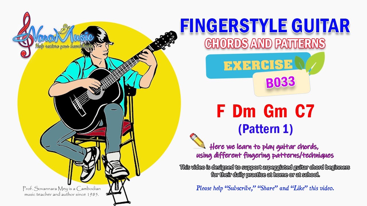 Exercise B033: ក្បួនប្រើម្រាមដៃលេងខដ Fingerstyle Guitar Pattern 1 in F ...