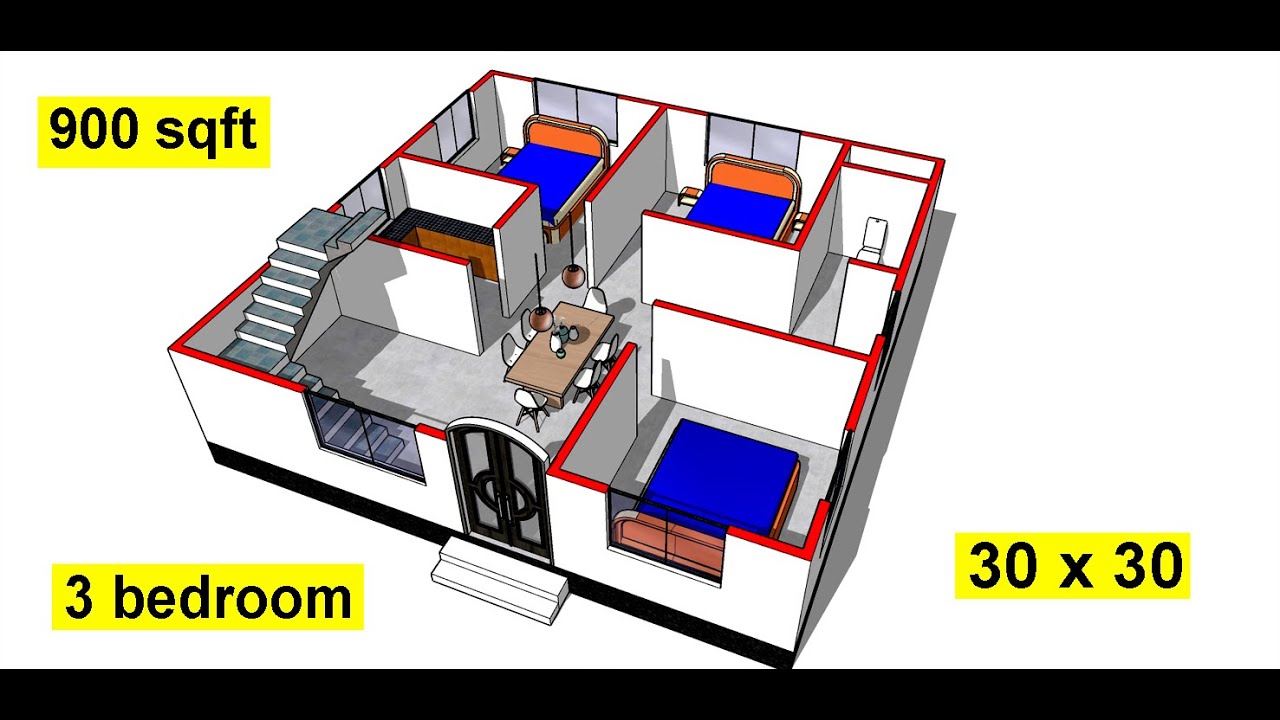 30 x 30 simple 3 bedroom 3d house plan II 900 sqft ghar ka naksha II 3 ...