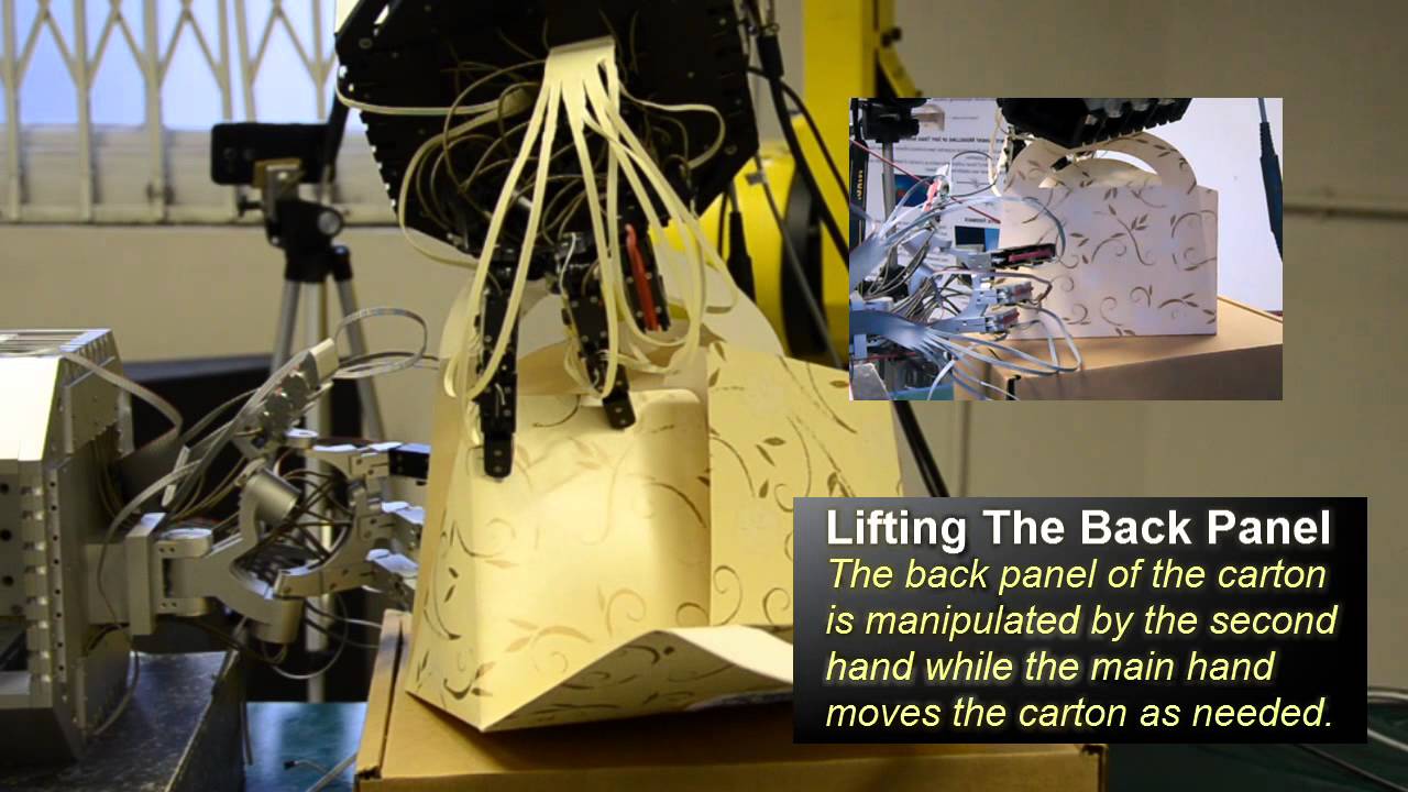 KCL Metamorphic Robot Hand: Two-Hand Carton Folding - YouTube