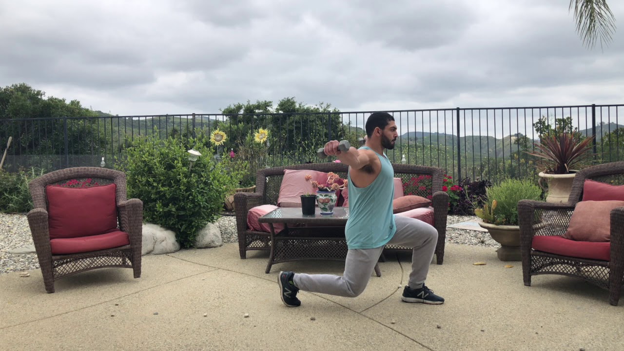 Dumbbell Walking Lunge With Lateral Raise And Trunk Rotation - YouTube