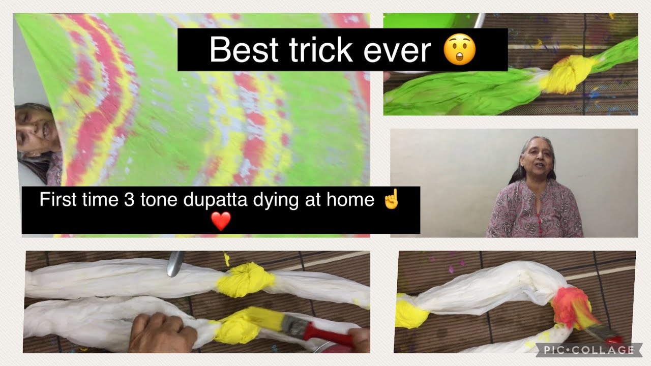 #4 First time dying 3 tone dupatta at home 😲☝️ with fabric painting ...