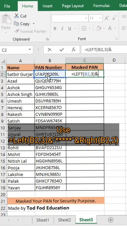 Masked Your Pan Number Excel Tips And Tricks By Todfodeducation Shorts Youtube