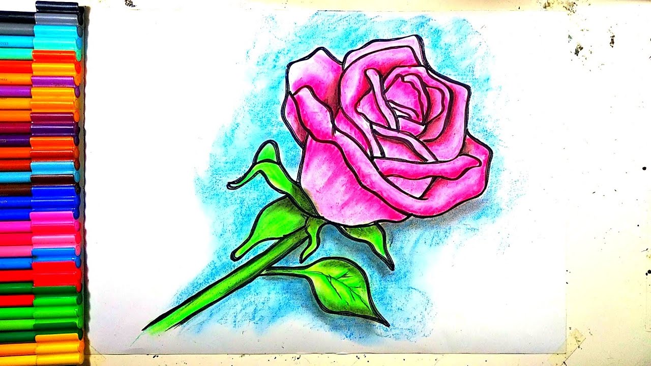 cara menggambar bunga mawar dengan crayon - YouTube