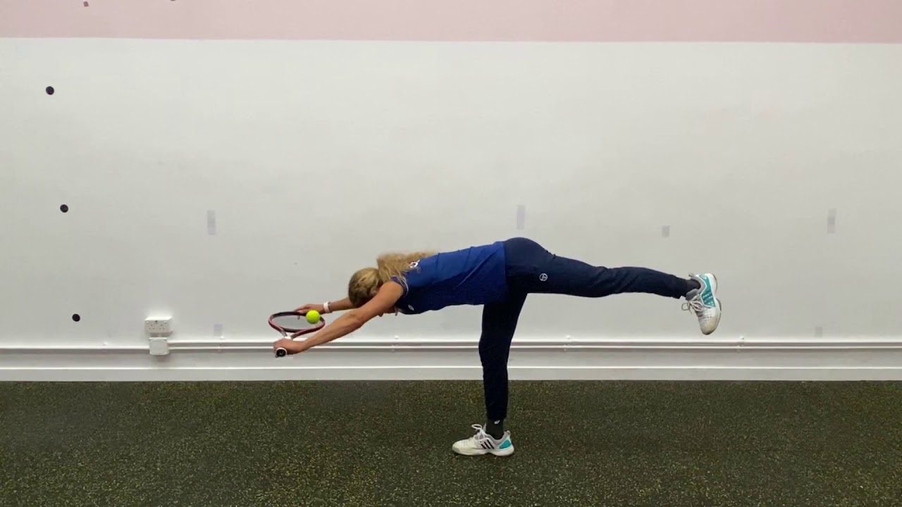 Single Leg Hip Hinge 2 hands on racket with ball on racket - YouTube