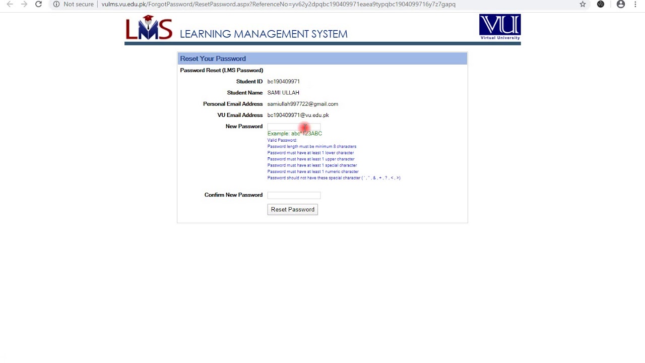 Password Reset: Virtual University of Pakistan LMS ( VULMS) . - YouTube