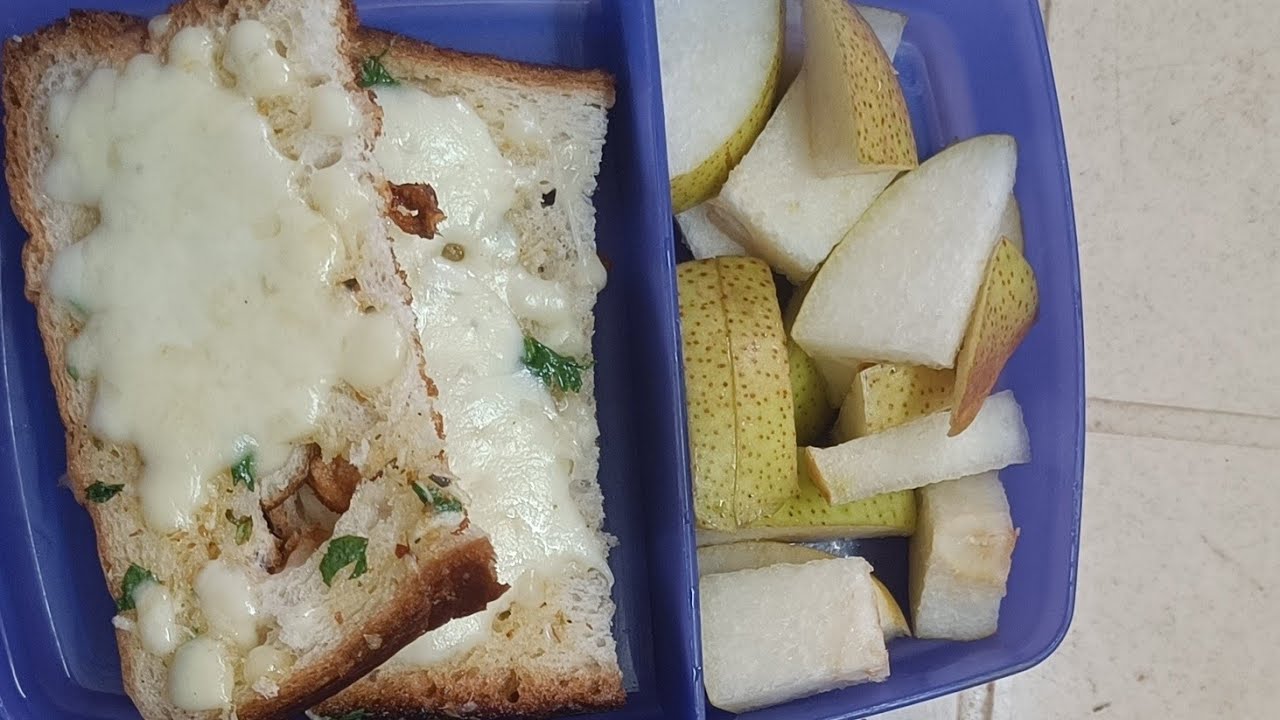 cheese n garlic bread with pear #snacks box ideas #lunch box#lkg ...