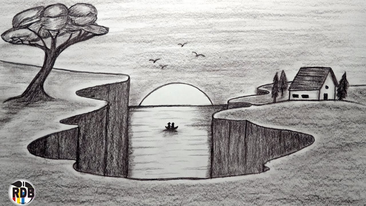 Cliff Edge Landscape Drawing - Pencil Drawings For Beginners - Easy ...