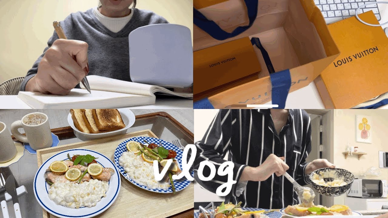 Vlog 공부하는 직장인 브이로그 전화영어 이게 맞아 에어프라이어로 만드는 연어스테이크 남편 선물루이비통