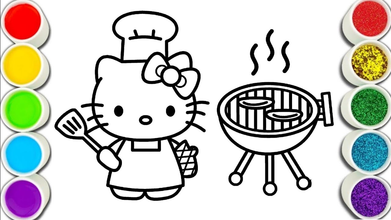 Hello Kitty Cooking in BBQ Drawing, Painting, Coloring for Kids and ...
