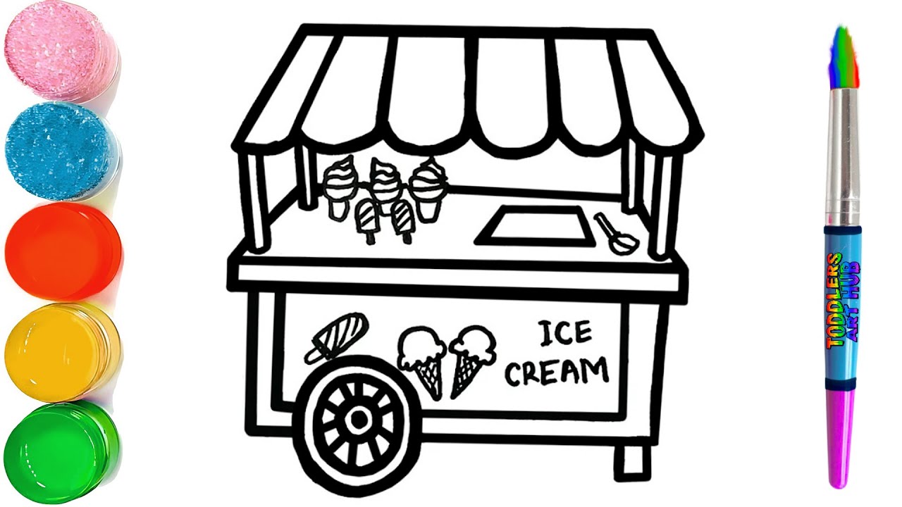 Ice cream cart drawing for kids step by step | ice cream stand drawing ...