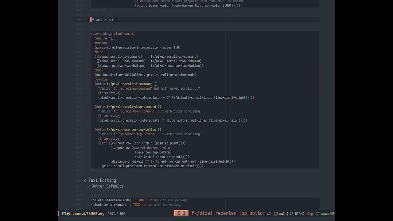 Emacs pixel (smooth) scroll for "scroll-up/down & recenter" commands - YouTube