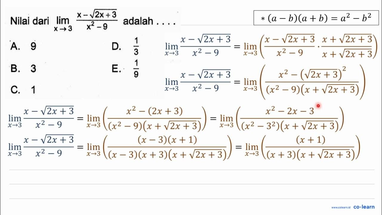 Nilai Dari Lim X Mendekati 3 x akar 2x 3 x 2 9 Adalah YouTube nilai-dari-lim-x-mendekati-3-x-akar-2x-3-x-2-9-adalah-youtube