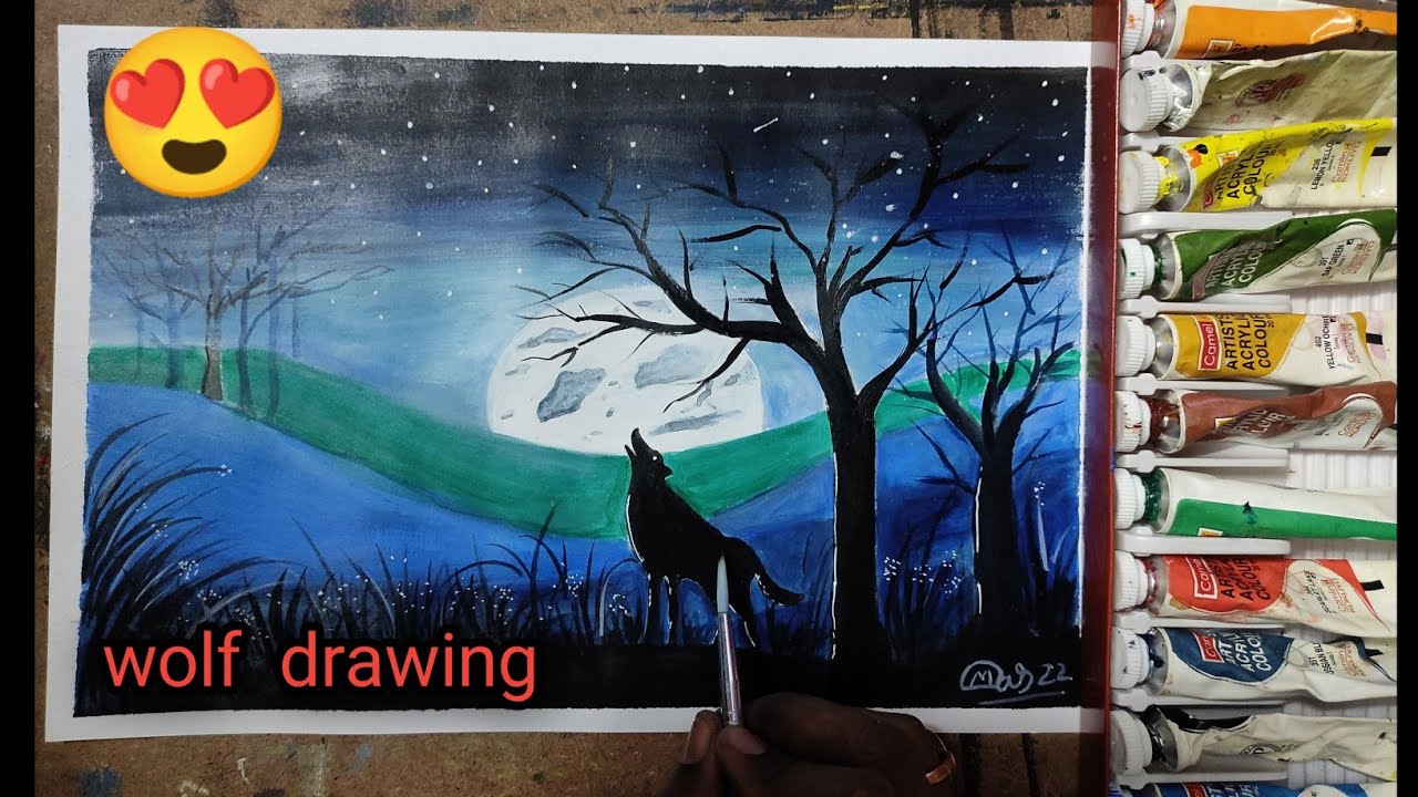 how to draw scenery of moonlight step by step/the wolf and the moon ...