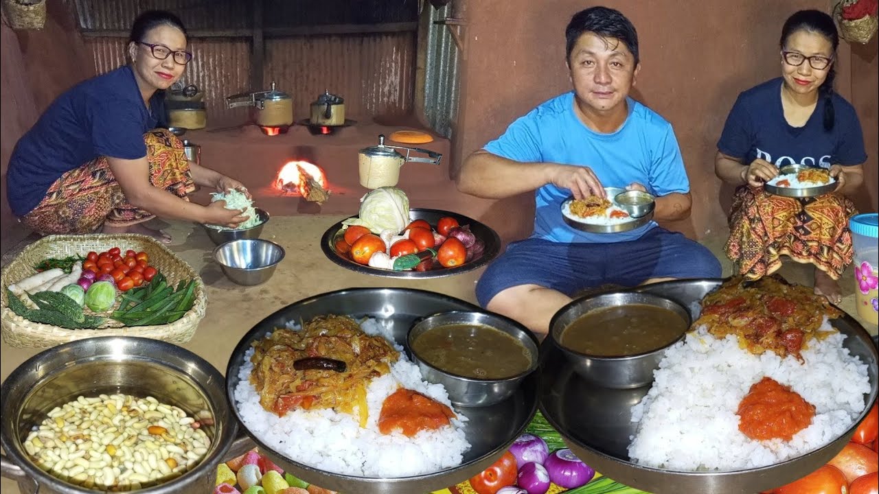 Simple Nepali Village Food: Cabbage Fry & Beans Dal with Rice Cooking ...