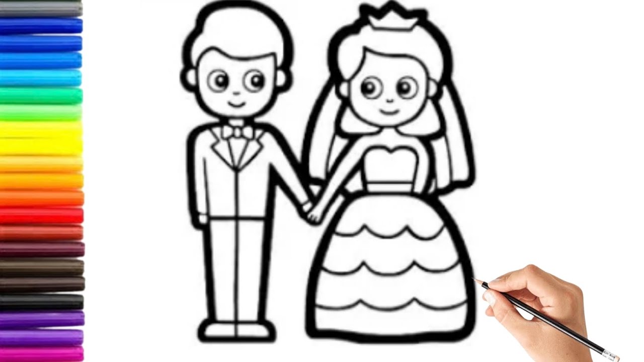 How to Draw bride and groom drawing, Painting and Coloring for Kids ...