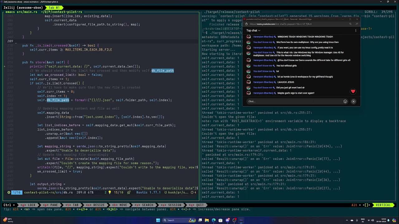 Rust Application - Moving to a server (continued) | Live | Rust | Emacs or Neovim? - YouTube