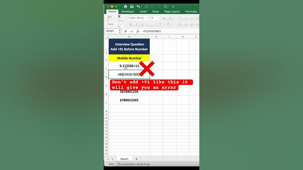Excel Tips Add 91 Before Mobile Numbers Excel Interview Questions Excel Shorts