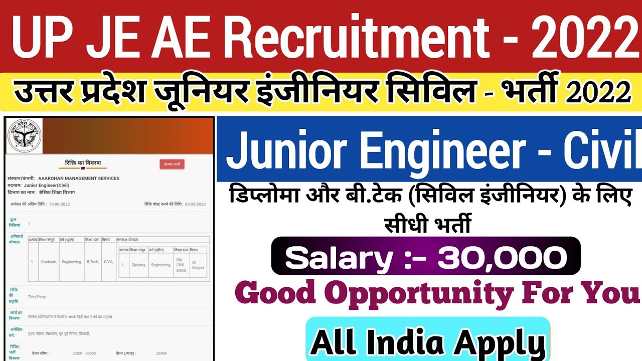 UP Junior Engineer Civil Vacancy 2022 | उत्तर प्रदेश जूनियर इंजीनियर ...