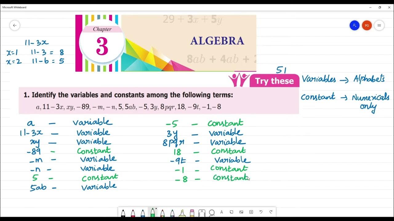 Class 7 TN Maths Term I 3.ALGEBRA Try these Pg No 51 1. Identify the variables and constants ...