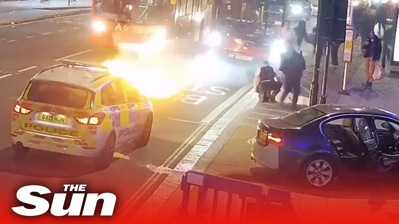 Driver crashes car into cop station & sets road on FIRE - YouTube