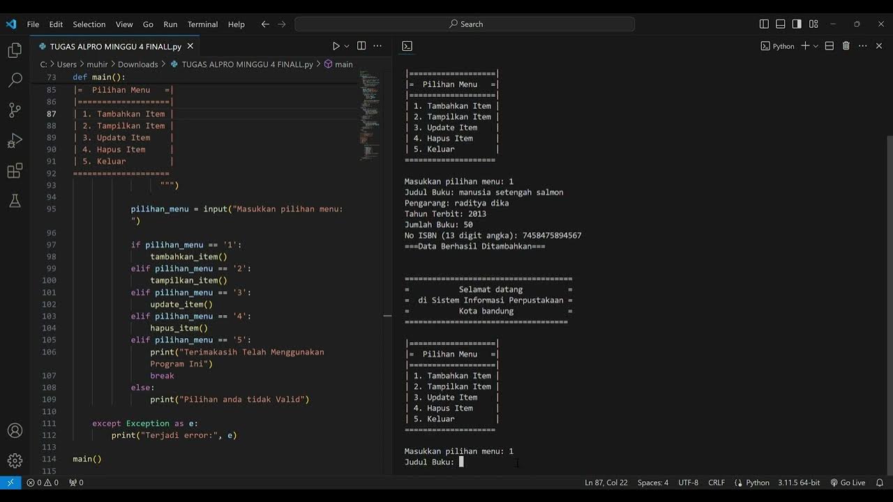TUGAS ALPRO MINGGU 4 FINALL py Visual Studio Code 2024 03 19 21 58 14 - YouTube