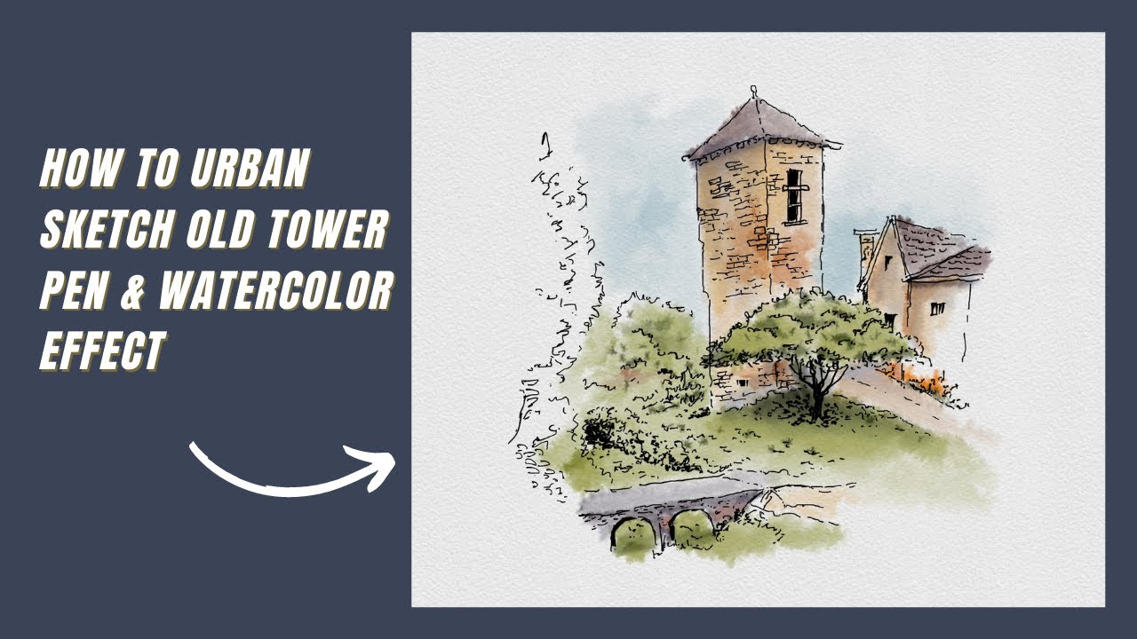 How to draw Urban sketch tower like pen & watercolor || urban sketching ...