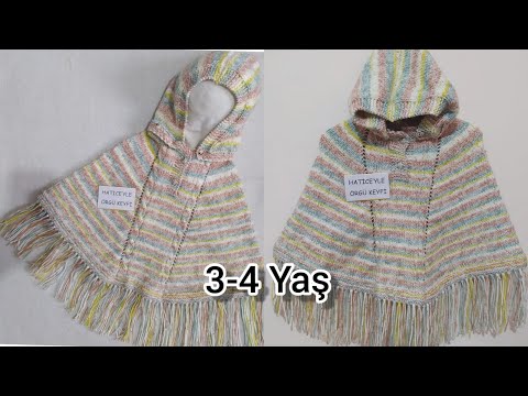 Kapuşonlu Çocuk Panço Yapımı 3. 4 Yaş Saçak Süslemeli Bebek Örgü Şık Kolay Cepken Pelerin Şal Hırka