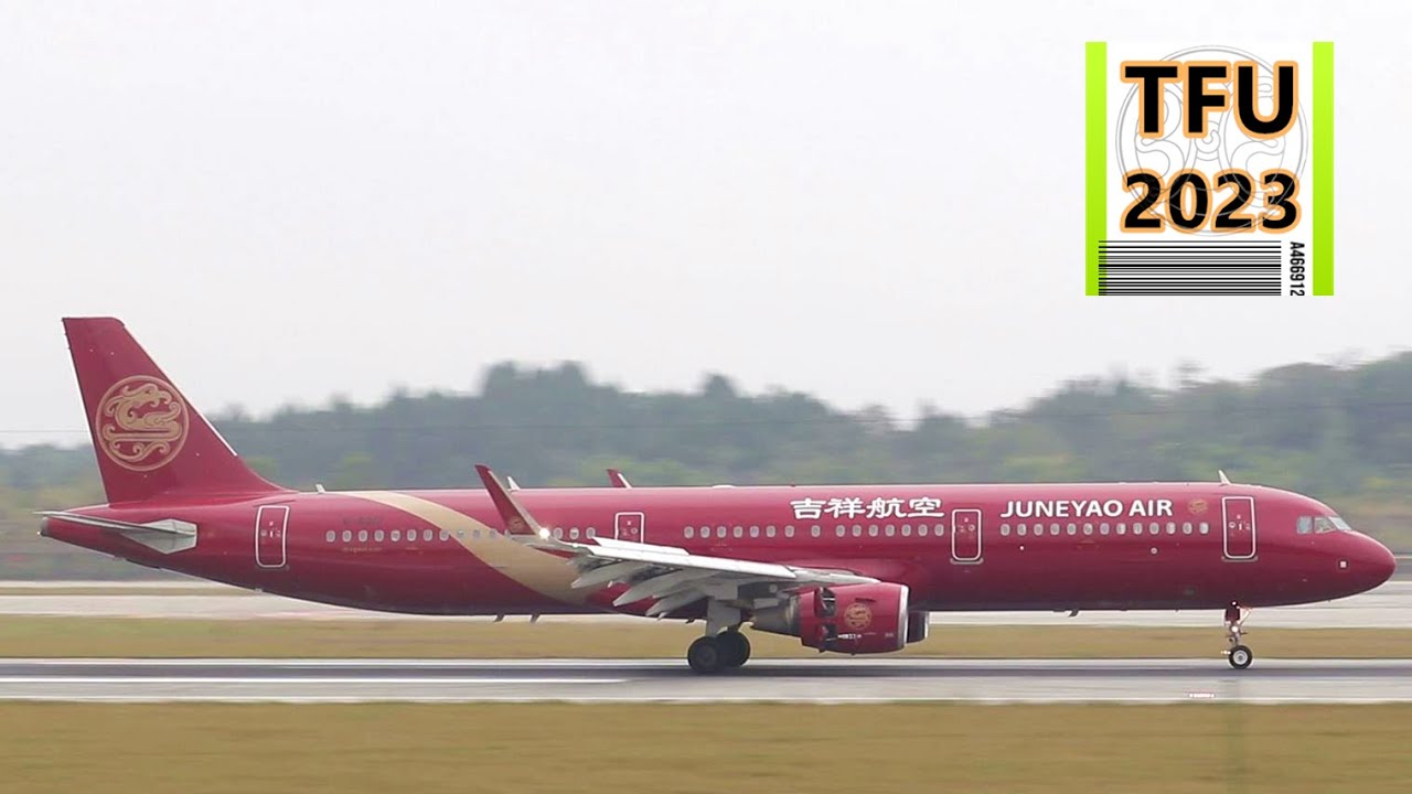 Juneyao Air A321 with all red livery and 10+ planes land Chengdu Tianfu ...