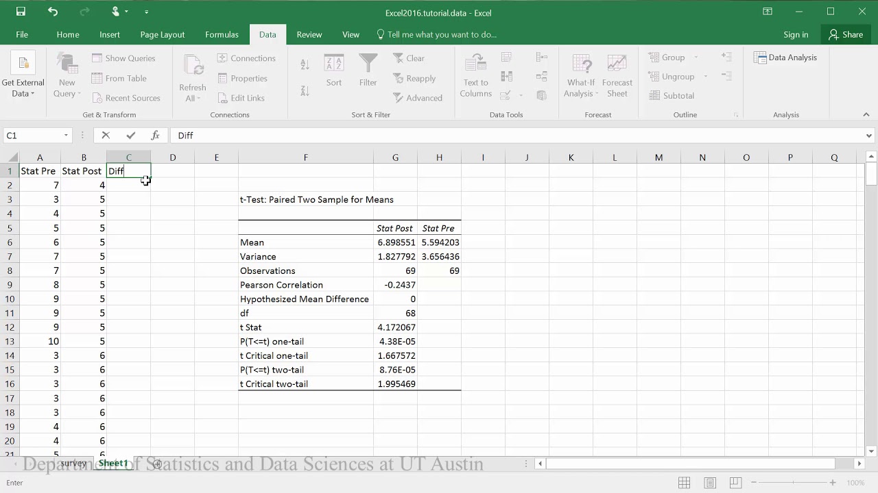 Paired t-test with Confidence Intervals in Excel 2016 - YouTube
