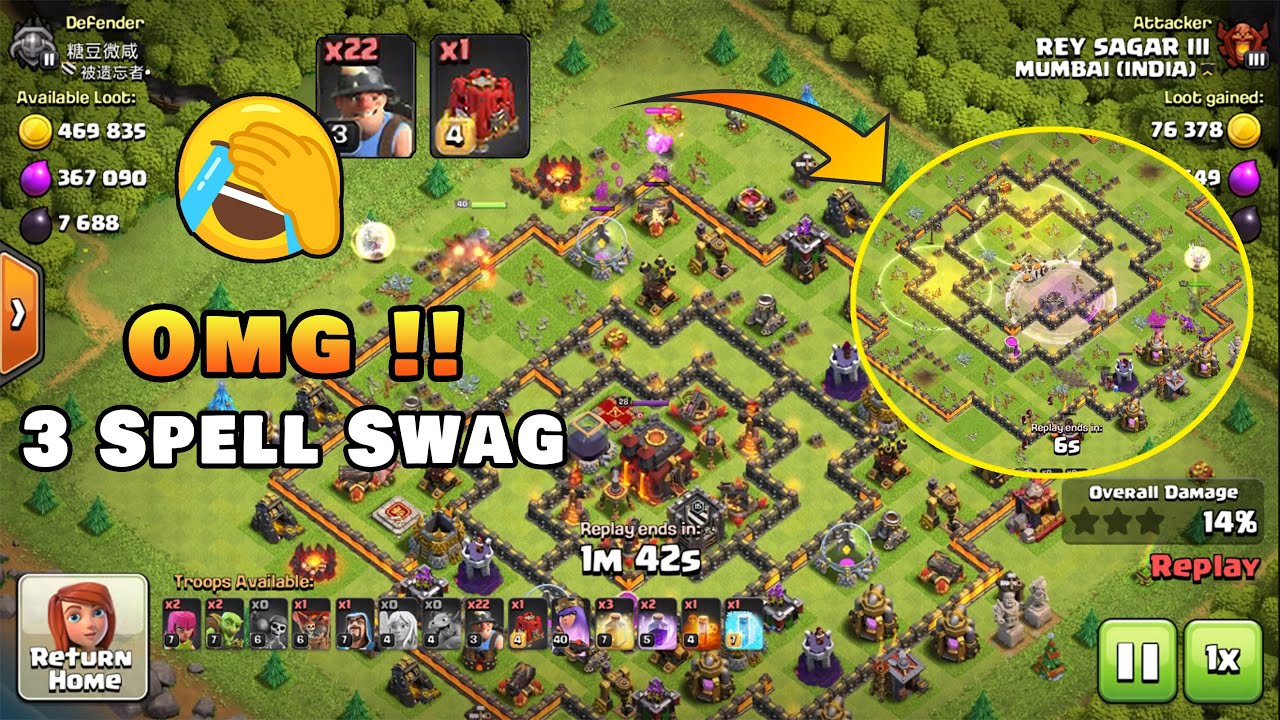Crushed🔥🔥 Swag 3 Spells | Th10 QC Miners Attack - Coc warriors - YouTube