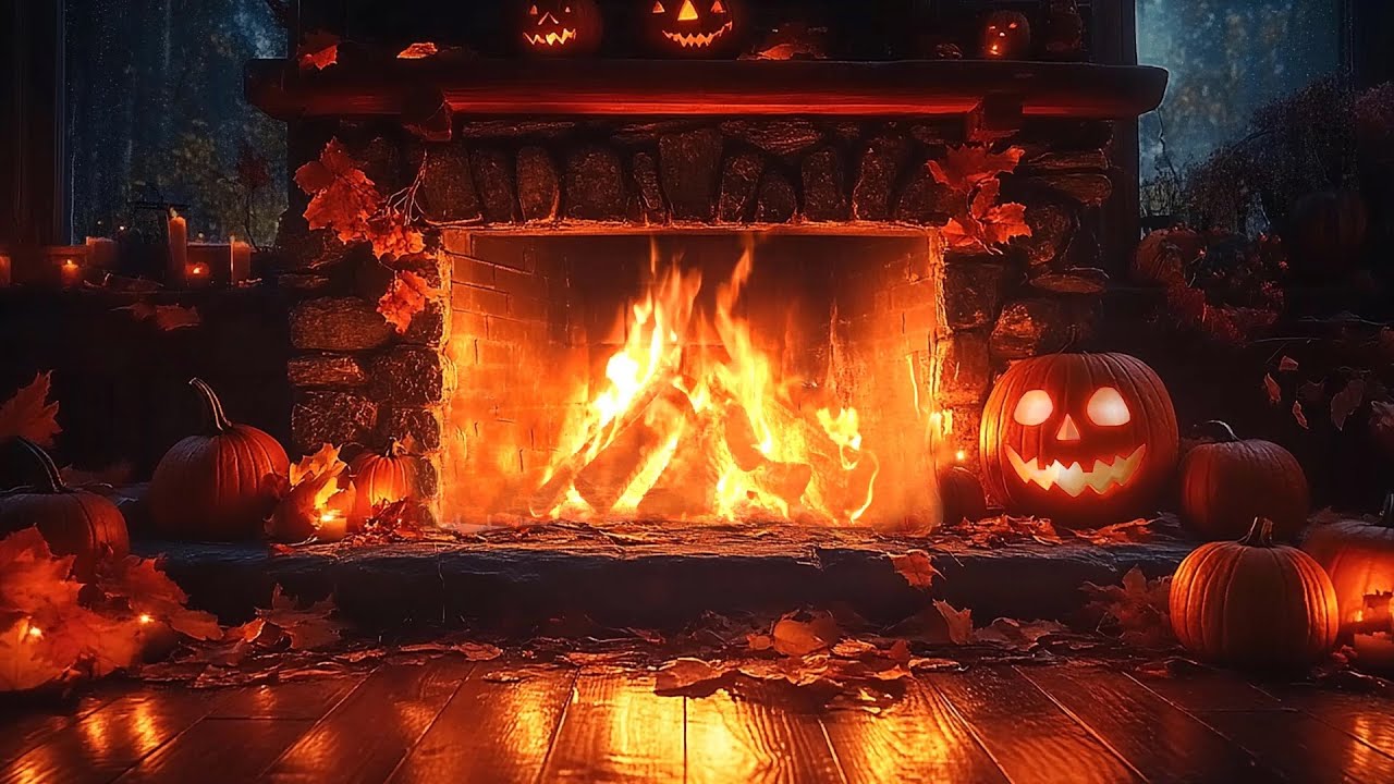 Cozy Fall Ambience 🍁Fireplace Burning Cackling Sounds Soothing Calming ...
