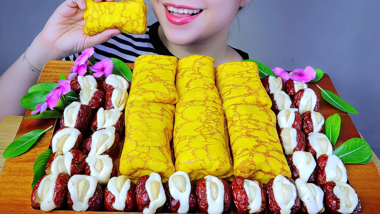 ASMR EGG ROLLS WITH PORK FLOSS AND JUJUBES WITH CAMEL MILK EATING ...