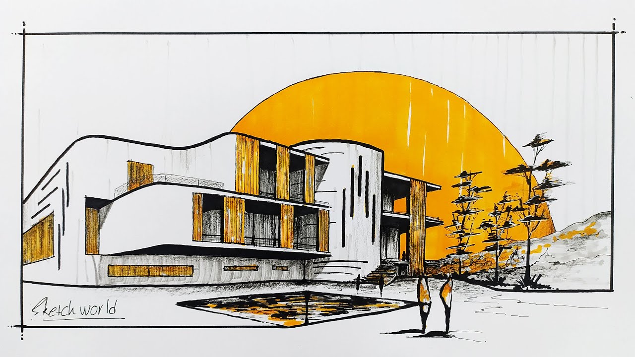 Drawing a two-point perspective of a modern building - YouTube