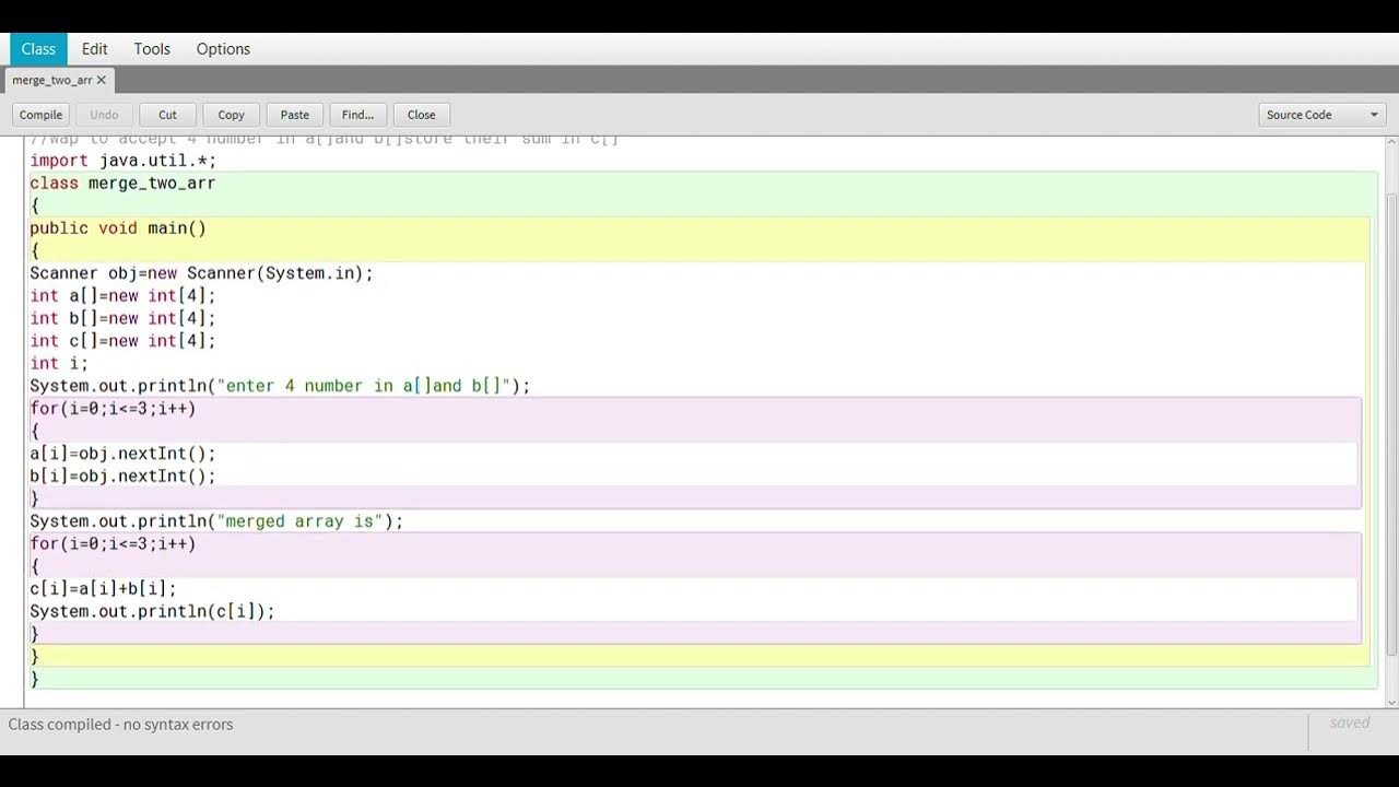 Blue Java : wap to accept 4 number in a[ ] and b[ ] and store their sum in c[ ] - YouTube