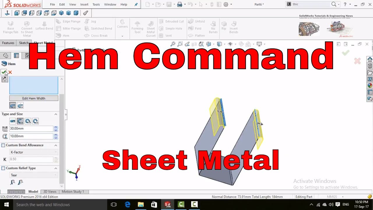 How to use Hem Command Sheet Metal Tutorial in SolidWorks - YouTube