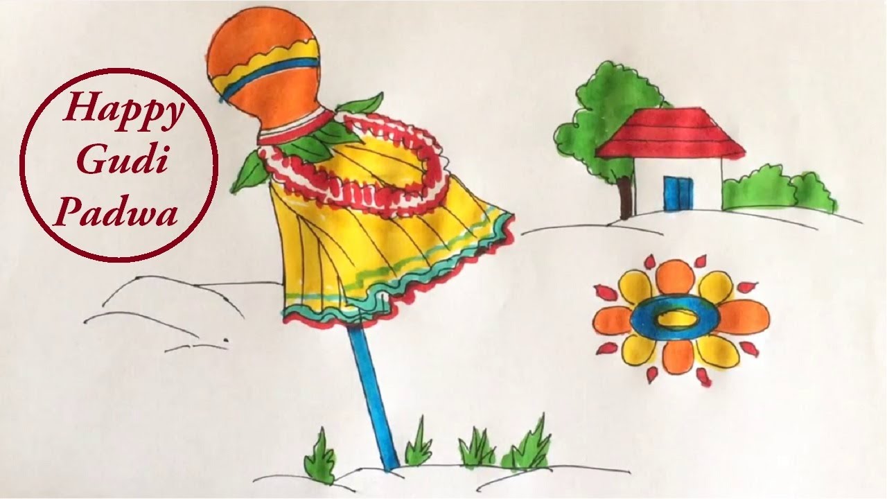 Gudi padwa drawing easy | How to draw happy Gudi padwa festival - YouTube