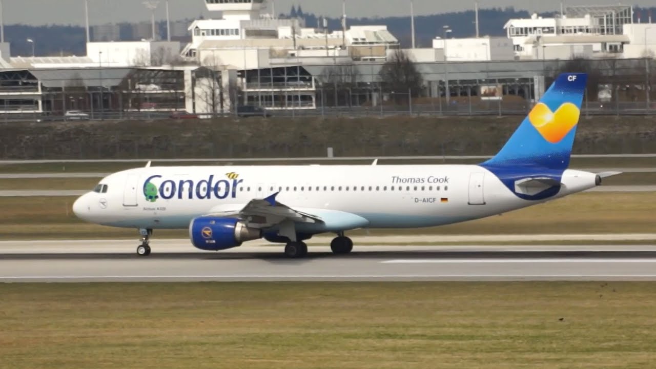 Condor Thomas Cook Airbus A320-212 D-AICF departure at Munich Airport ...