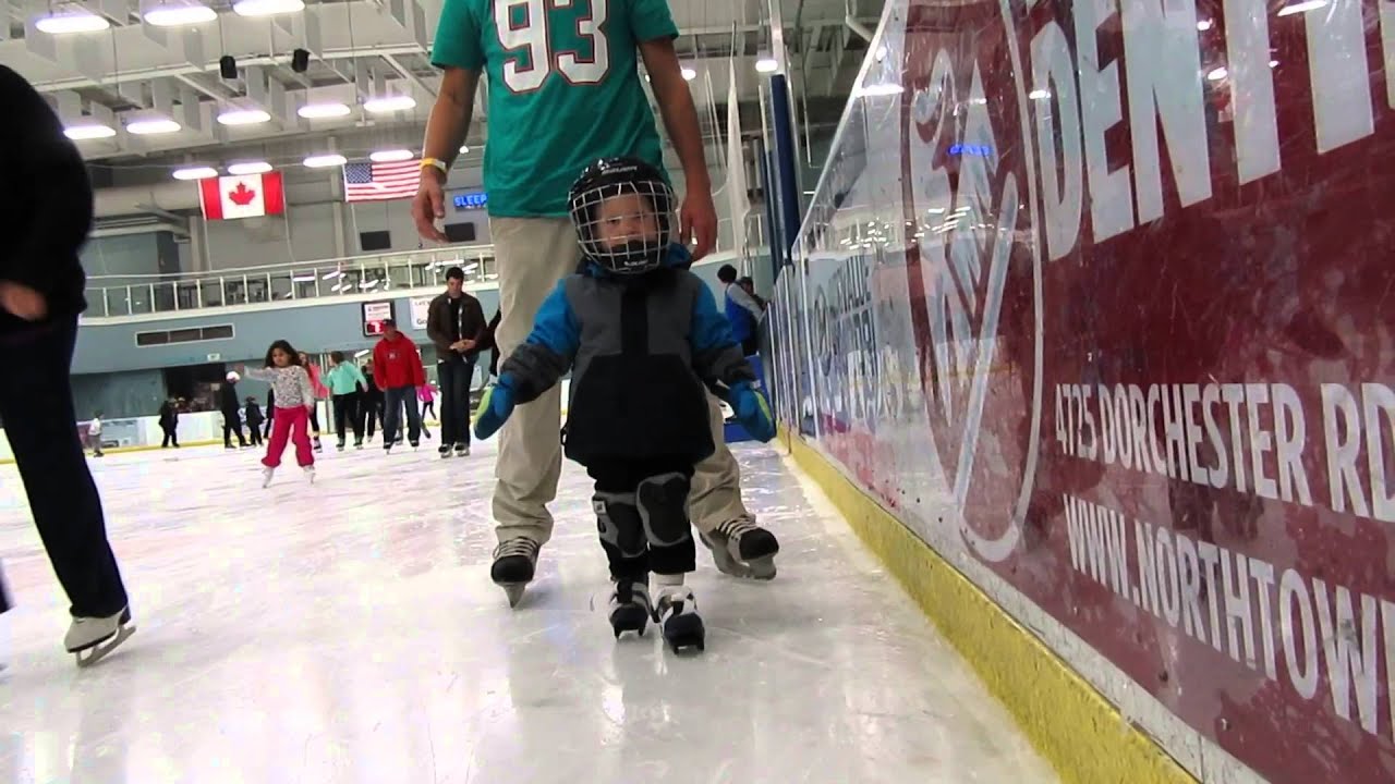 Riley's first time skating, on bob skates. - YouTube