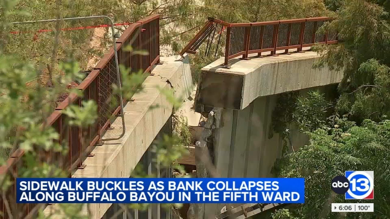 Complex's sidewalk, retaining wall buckles next to Buffalo Bayou - YouTube