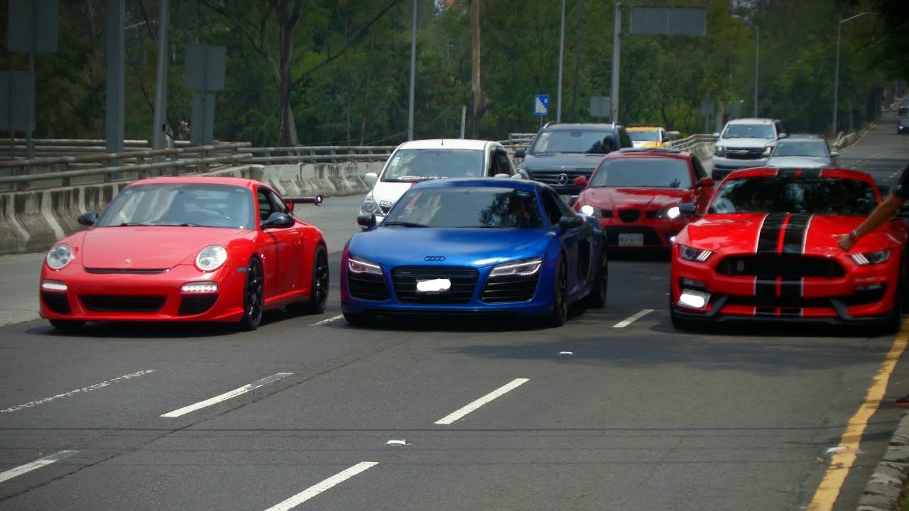 Audi R8, Shelby GT350 y Porsche 911 sonando motores en El Sitio - YouTube