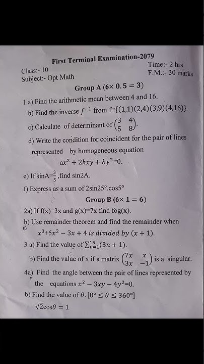 Class 10 Optional Maths 1st term question paper 2079 #prv4 - YouTube