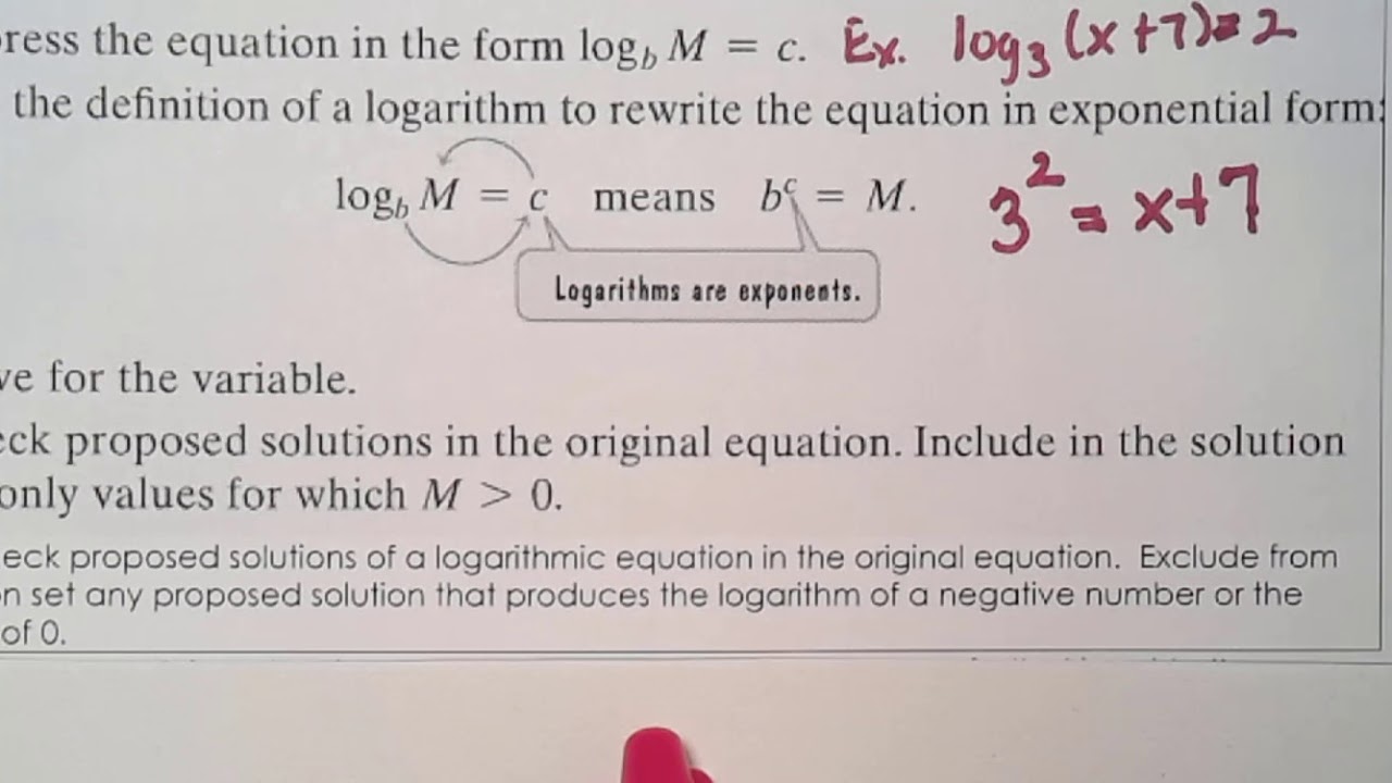 College Algebra: Using the Defn. of a Logs to Solve Logarithmic Eqs ...