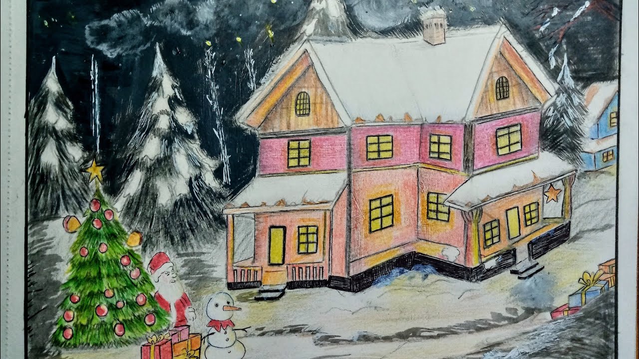 How to drawing chritmas night colouredpencil drawing#pencildrawing # ...