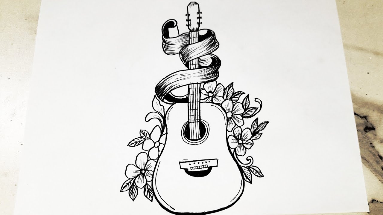 How to draw a guitar with flowers || Guitar tattoo drawing - YouTube