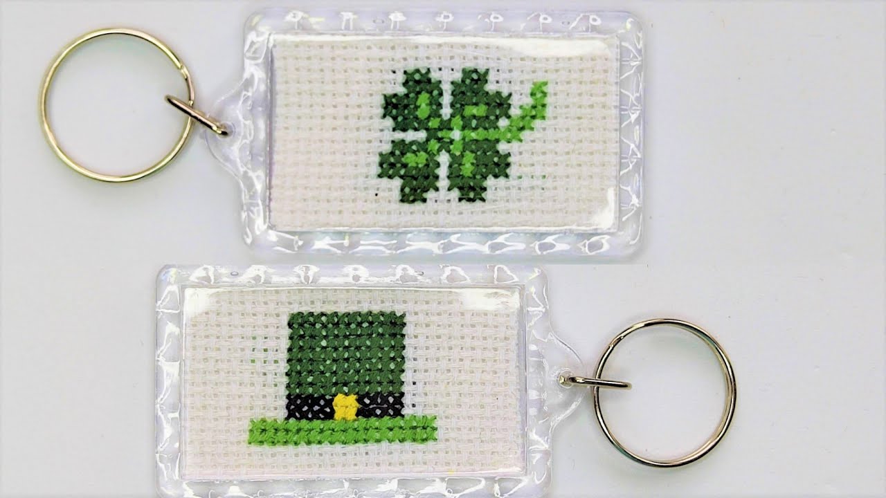 Cross Stitch Keyring for St. Patrick’s Day. Four-Leaf Clover & Green ...